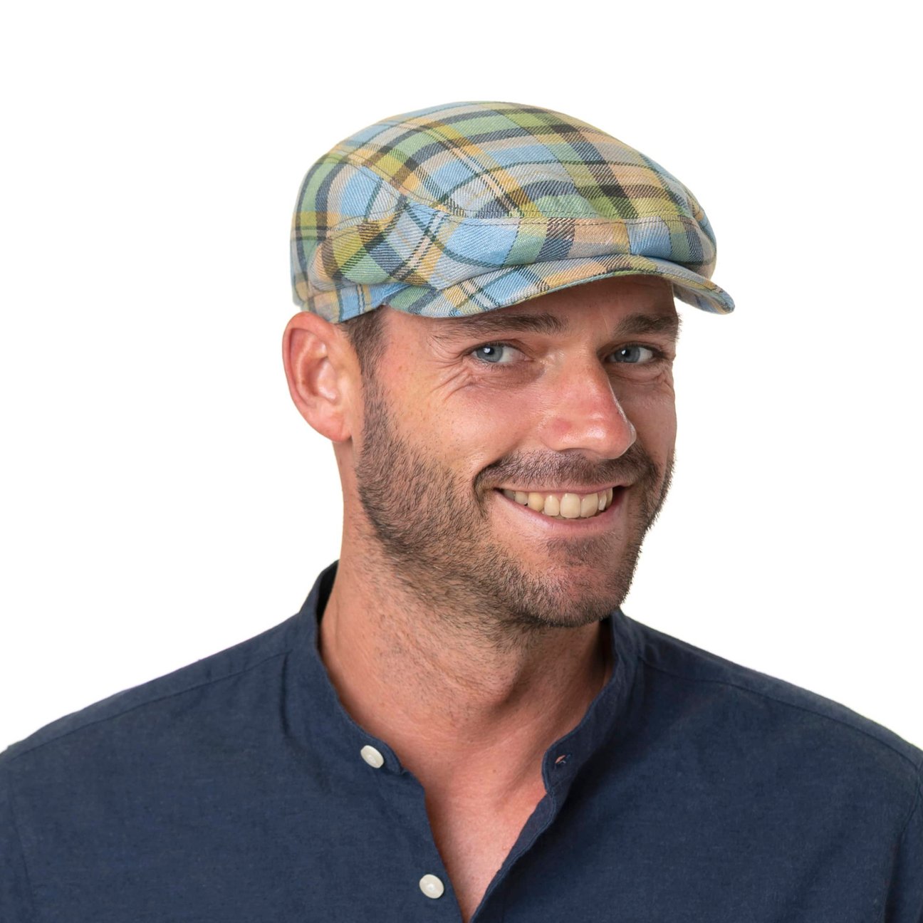 Checked Linen Driver Flat Cap by Stetson - £99.00